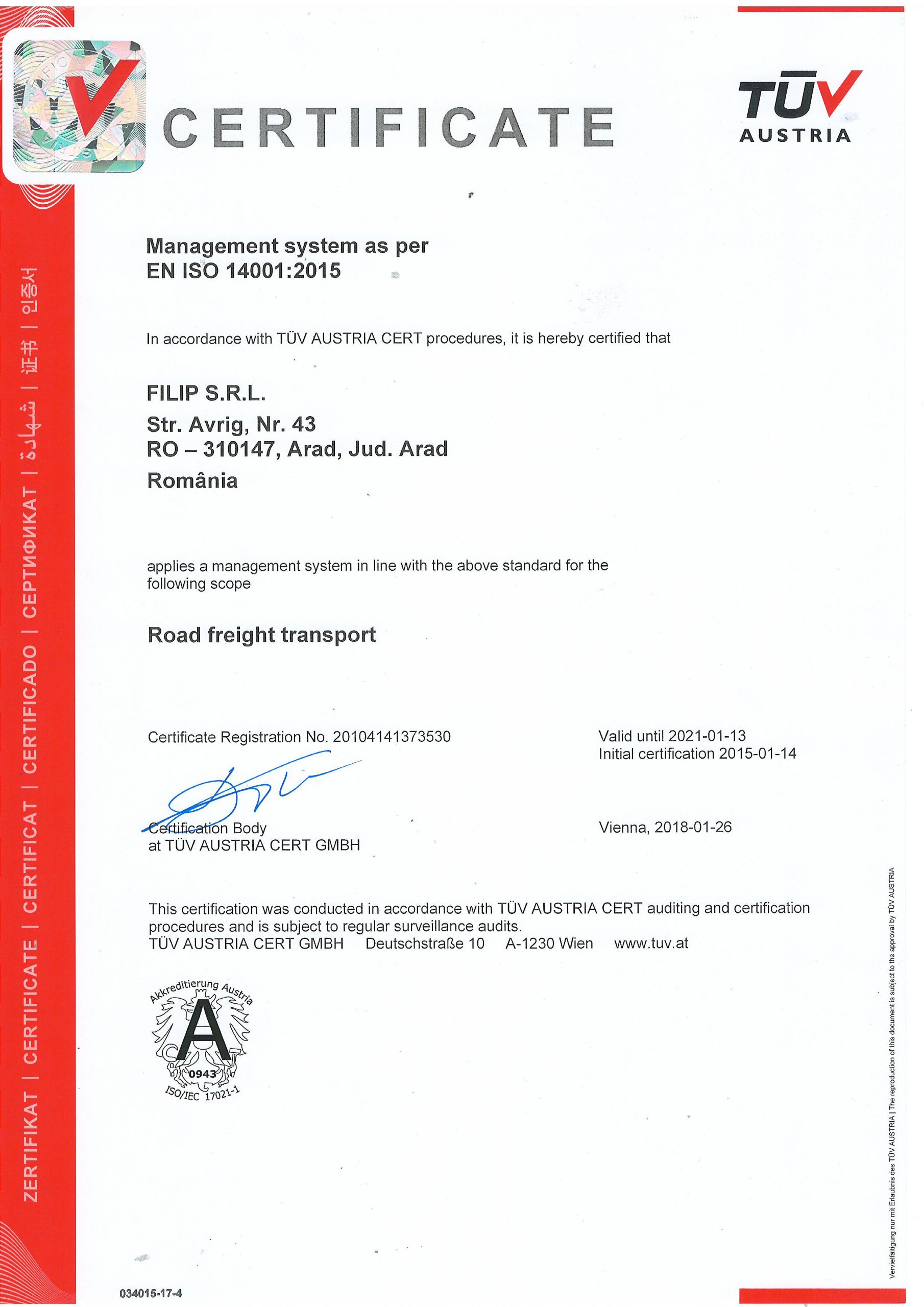 Certificate – Filip Spedition